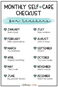 Monthly Self-Care Checklist for Teachers - Literacy In Focus