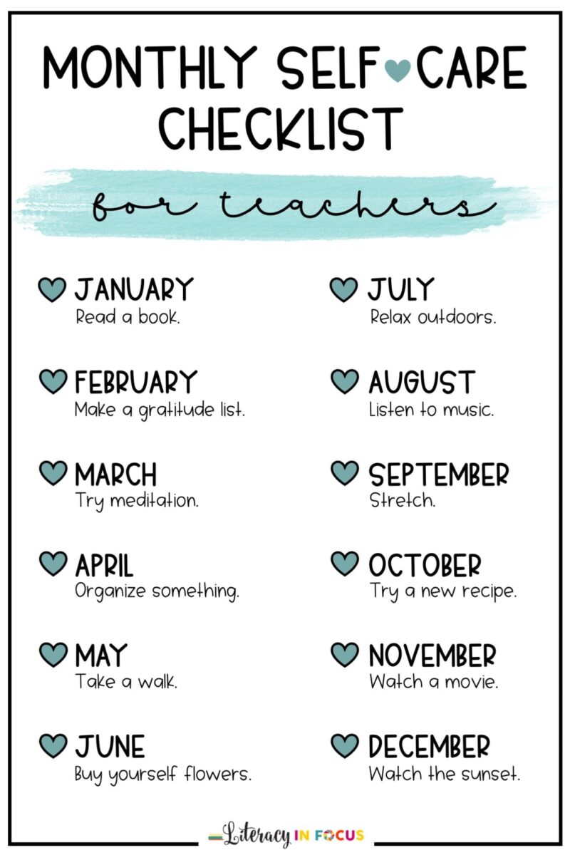 Monthly Self-Care Checklist for Teachers - Literacy In Focus
