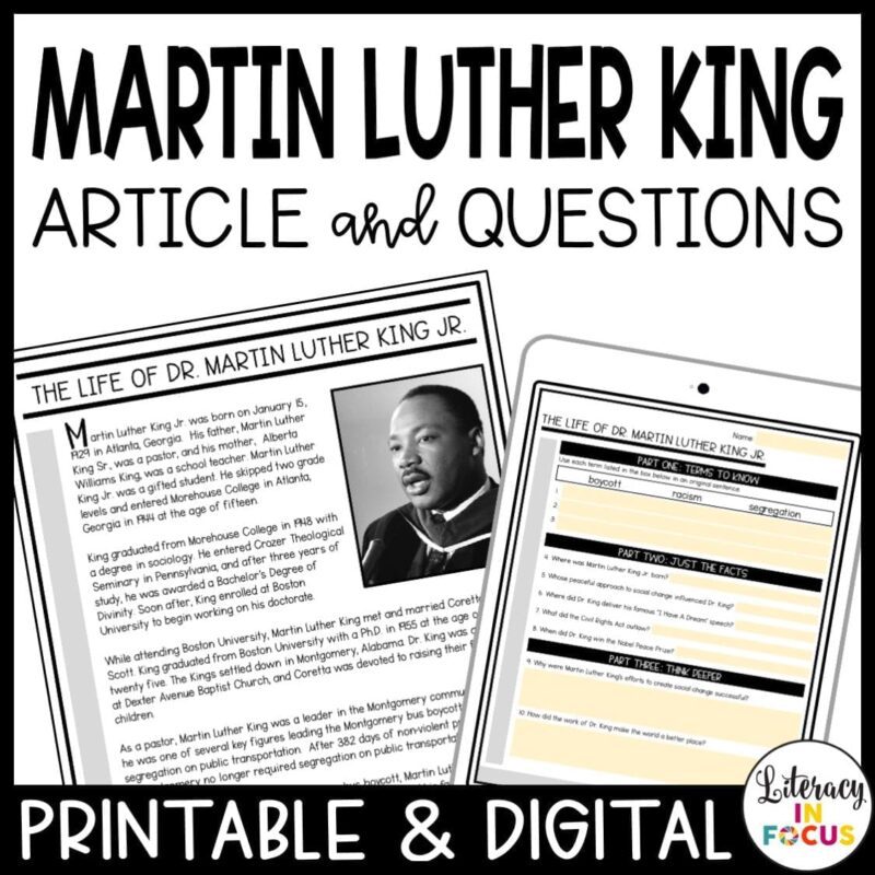 Martin Luther King Day Writing Activity for Elementary & Middle School ...