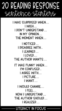 20 Sentence Starters for Strong Reading Response Summaries - Literacy ...