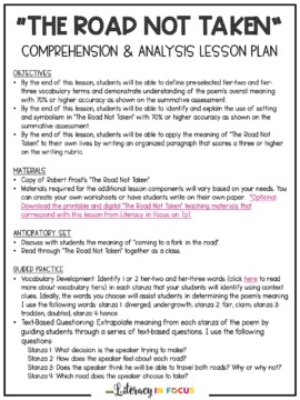 Robert Frost's "The Road Not Taken" Lesson Plan PDF - Literacy In Focus