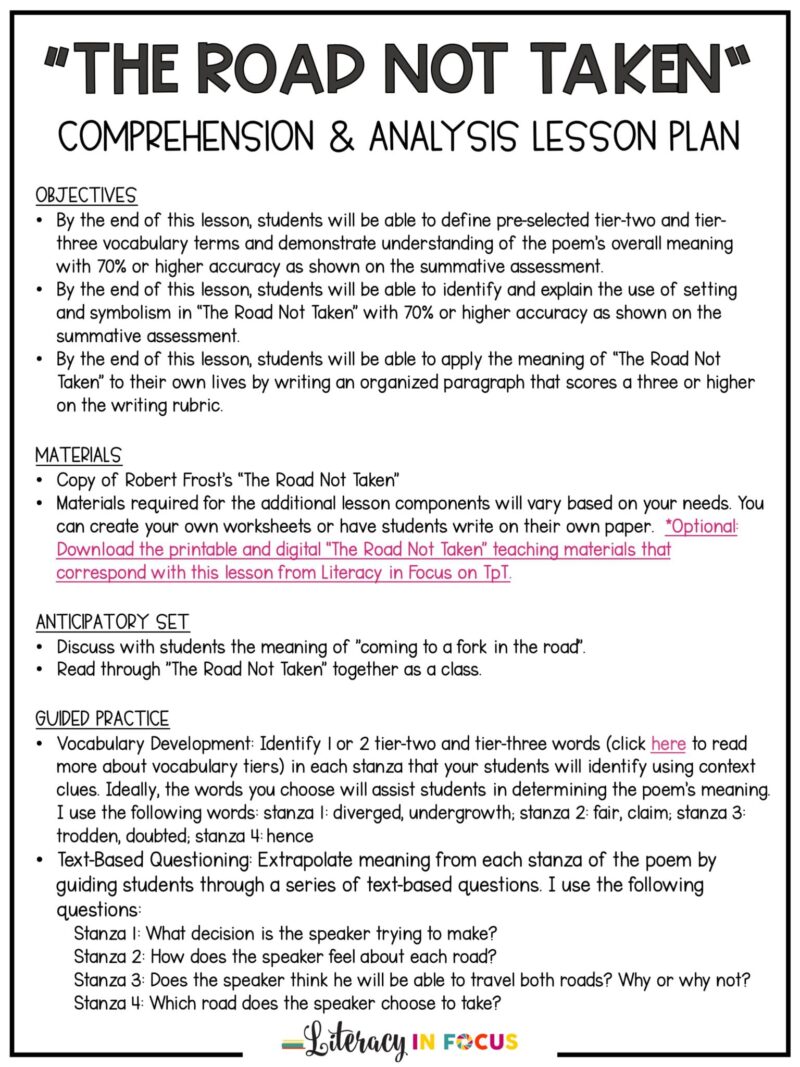 Robert Frost's "The Road Not Taken" Lesson Plan PDF - Literacy In Focus