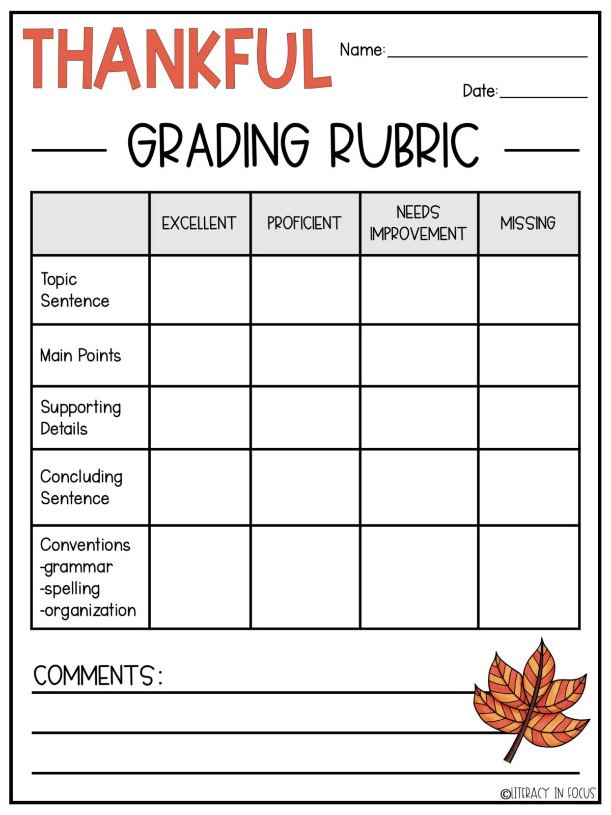 I Am Thankful For Writing Activity - Literacy In Focus