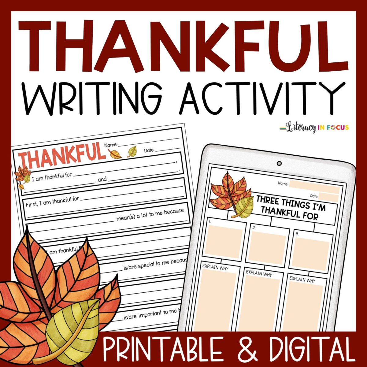 I Am Thankful For Writing Activity - Literacy In Focus