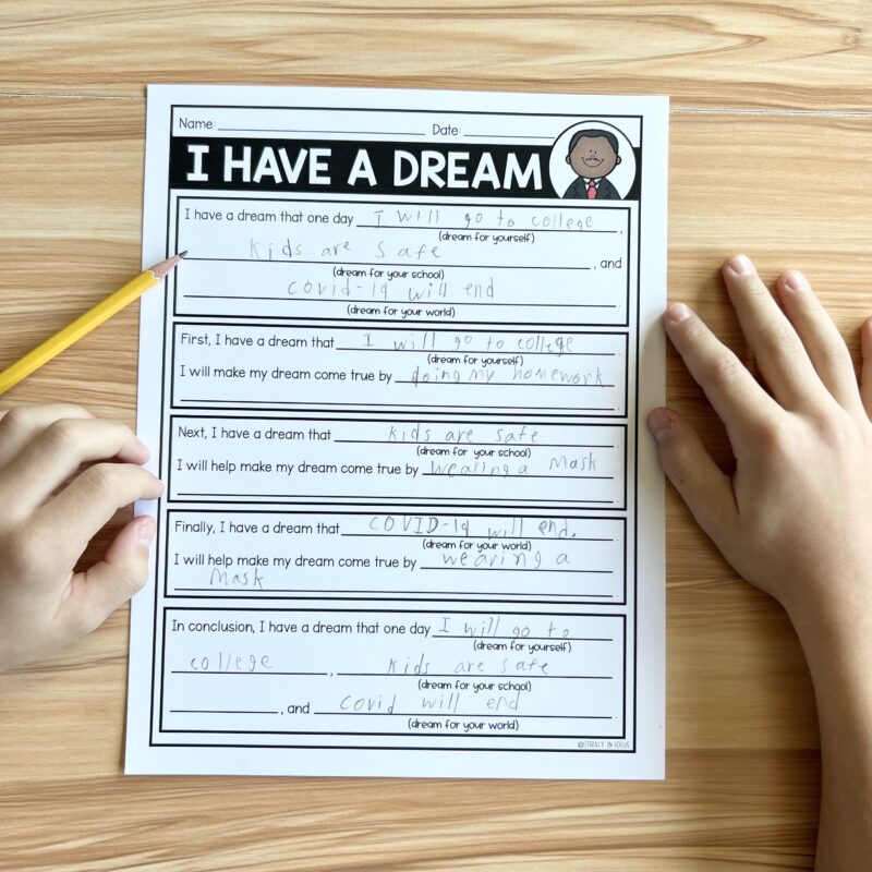 I Have A Dream Writing Activity for Martin Luther King Day - Literacy ...
