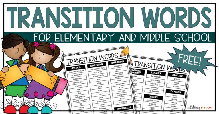 Free Transition Word List PDF for Elementary and Middle School Students ...