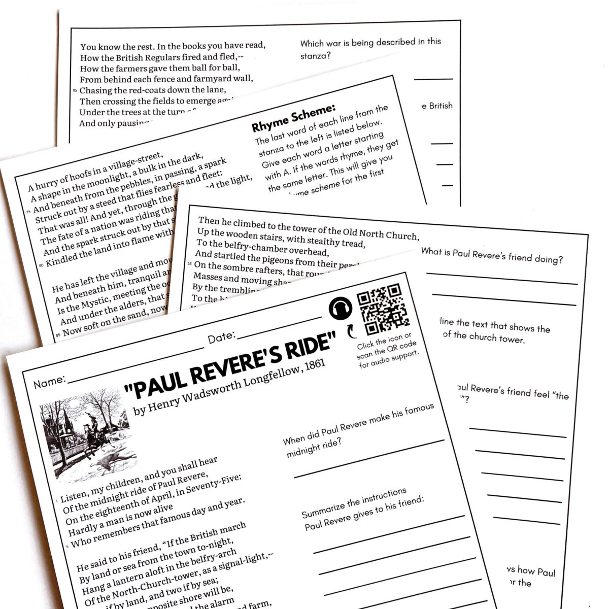 Paul Revere’s Ride Analysis Questions and Comprehension Activities ...