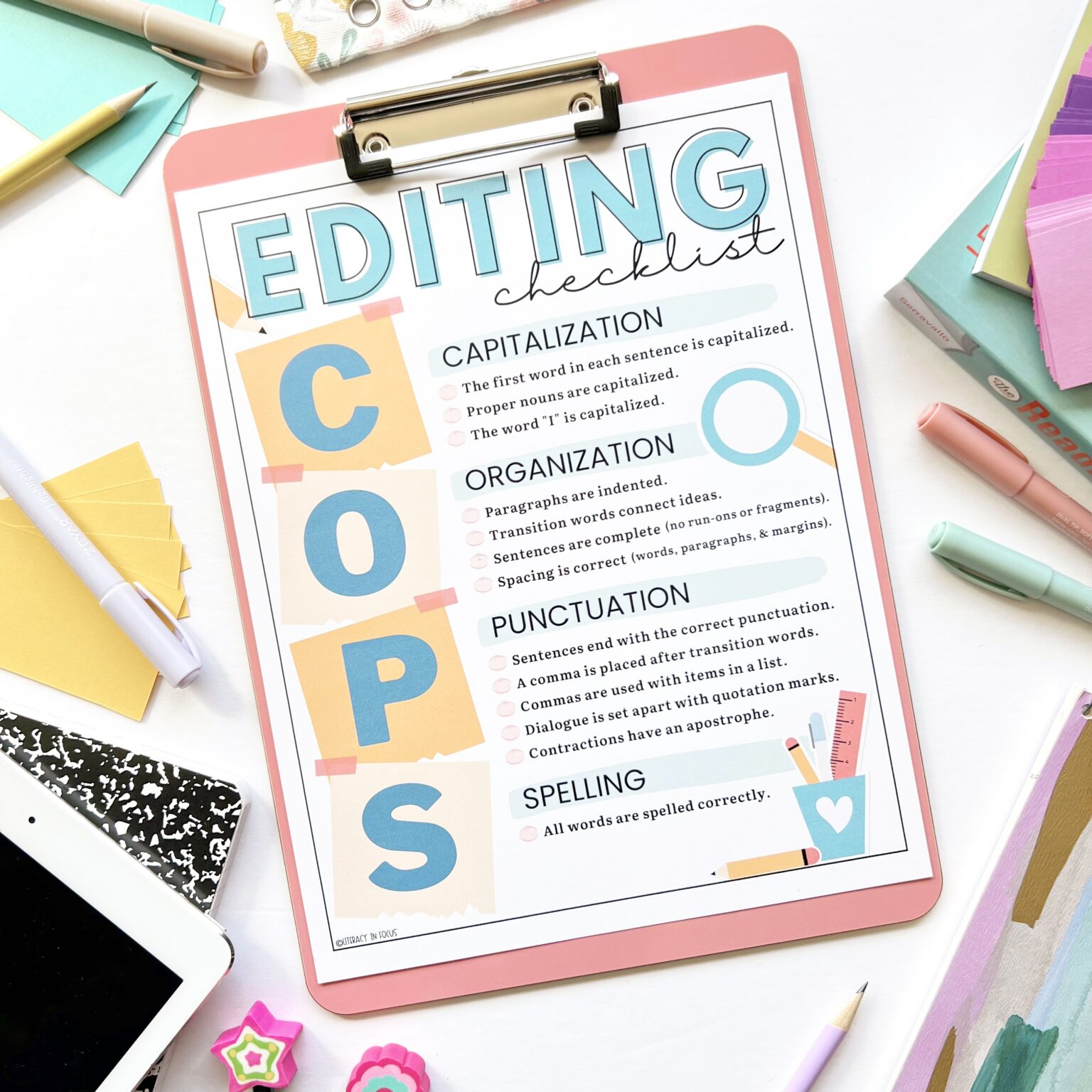 Free Printable PDF | COPS Editing Checklist - Literacy In Focus