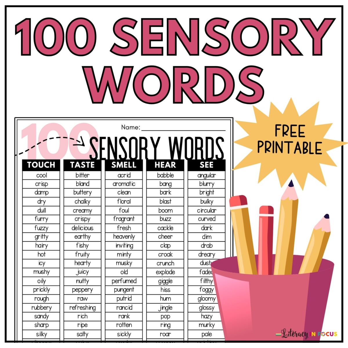 Free Printable PDF 100 Sensory Words List Literacy In Focus Free Printable PDF 100 Sensory Words List Literacy In Focus