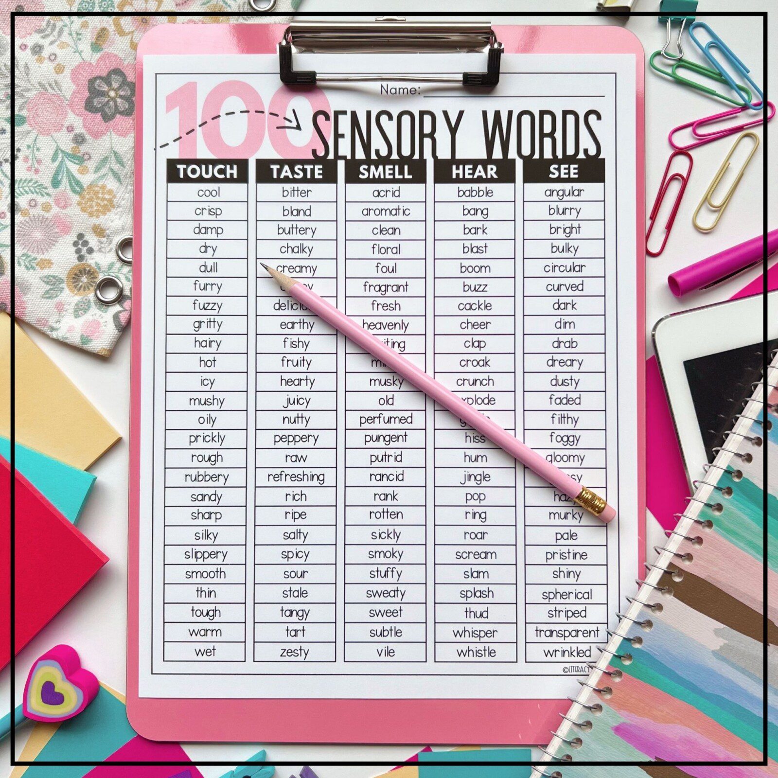 Free Printable PDF | 100 Sensory Words List - Literacy In Focus