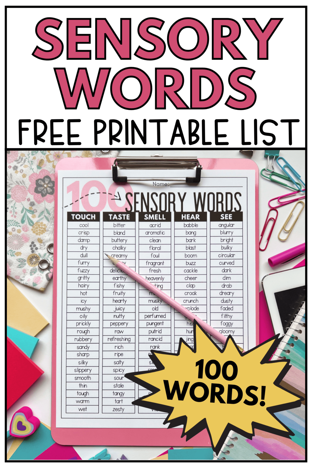 Free Printable PDF | 100 Sensory Words List - Literacy In Focus