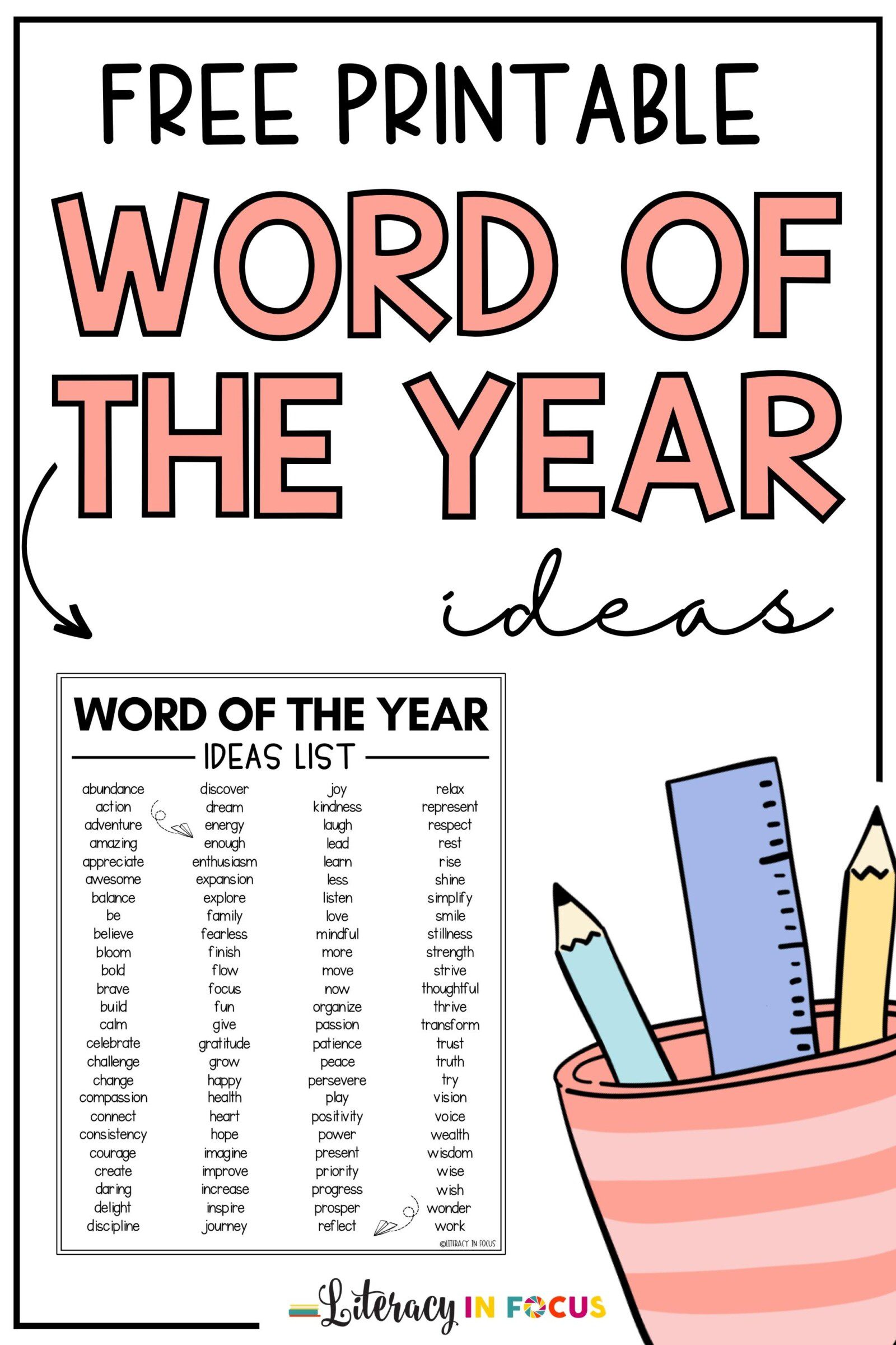 Word of the Year Ideas List for Students | Printable PDF - Literacy In ...